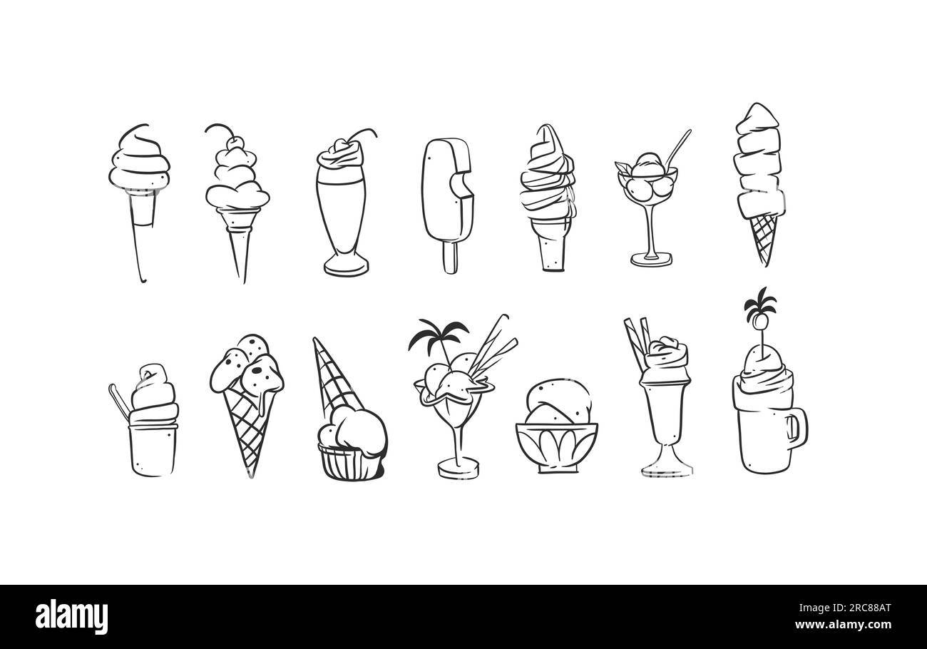 Hand drawn vector abstract cartoon ice creram cone,sundae line art ...