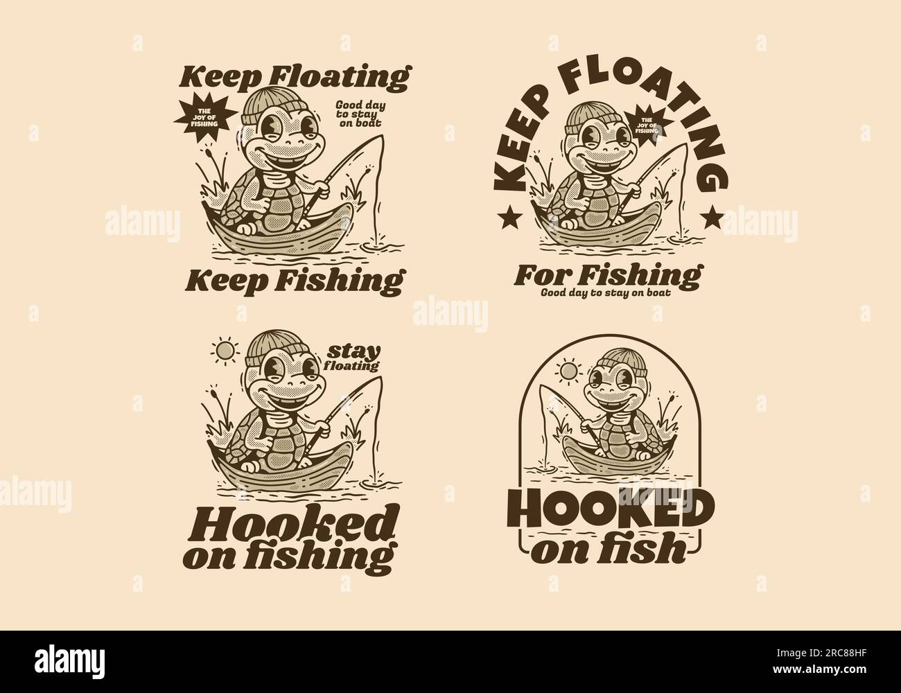 Vintage mascot character design of fishing turtle on the boat Stock ...