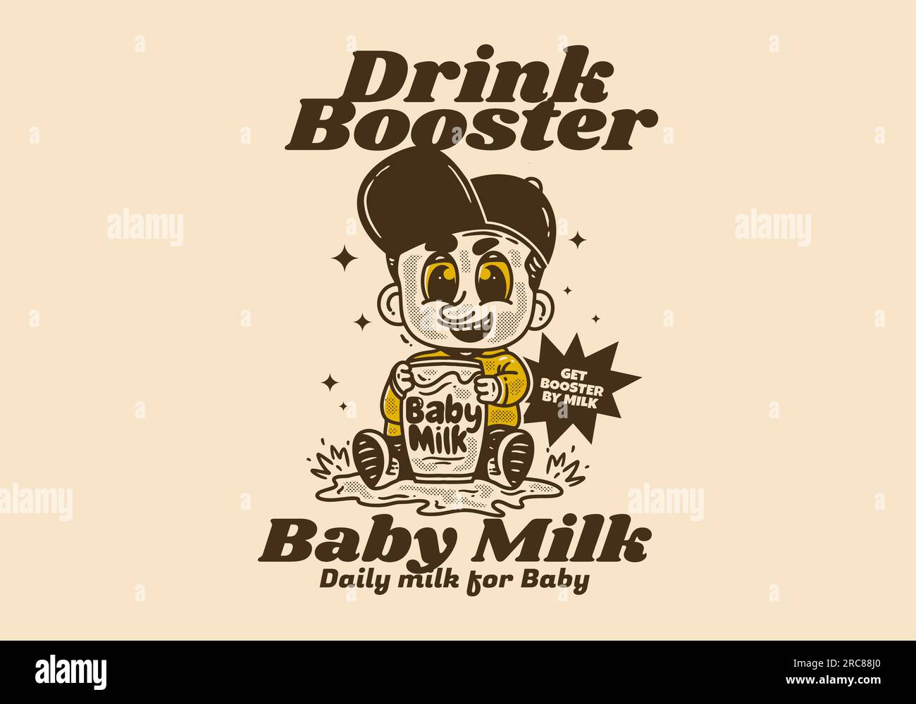 Drink booster baby milk, vintage drawing of baby character holding a ...