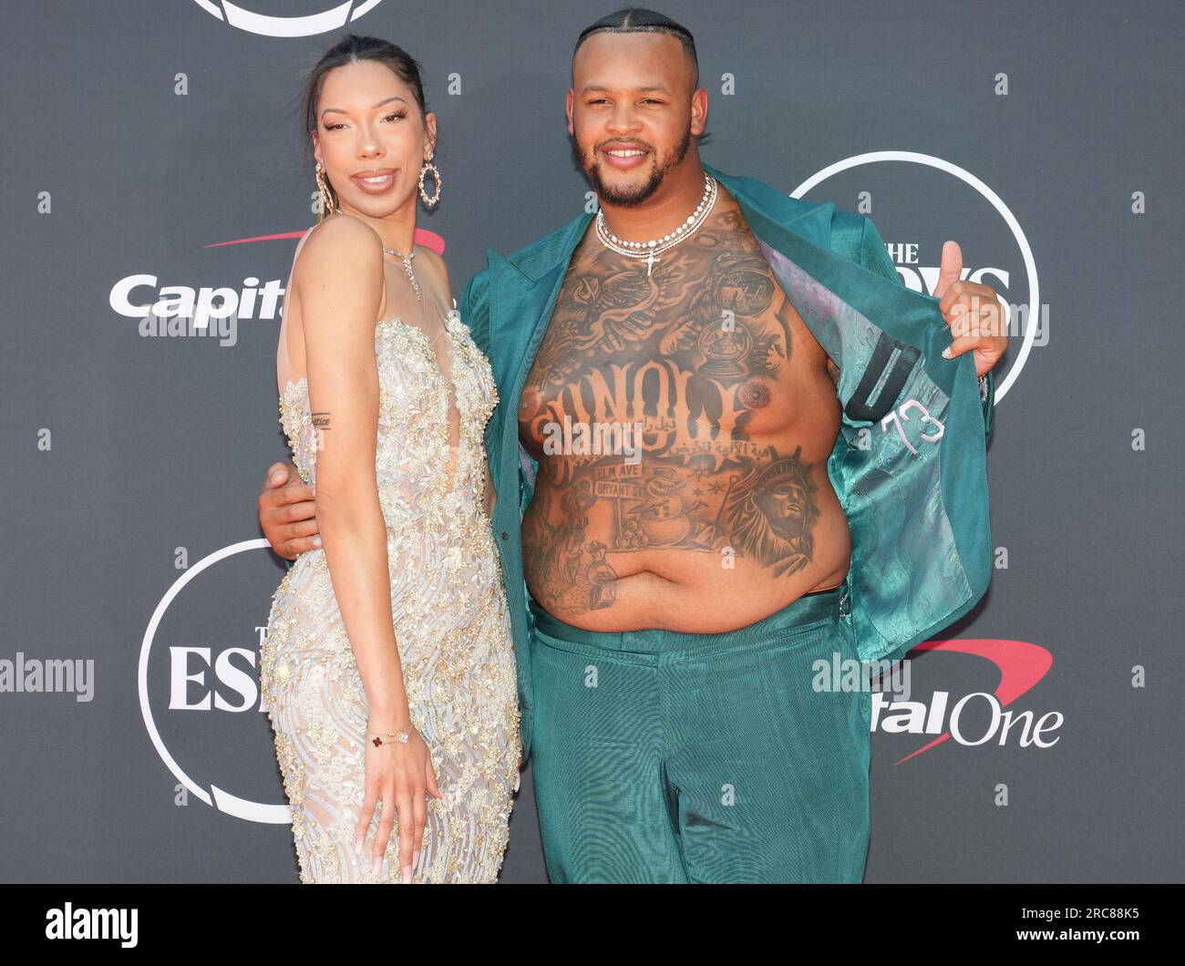 Los Angeles, USA. 12th July, 2023. (L-R) Daiyaana Muhammad and Dion Dawkins at The 2023 ESPY ...
