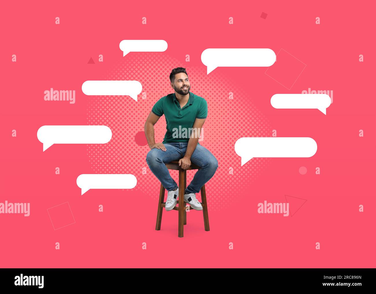 Communication, dialogue. Handsome young man sitting on stool against ...