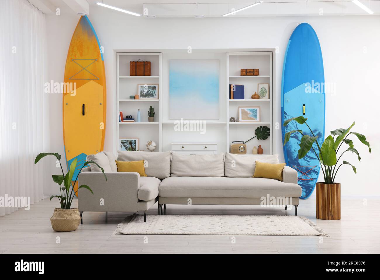 SUP boards, shelving unit with different decor elements and stylish ...