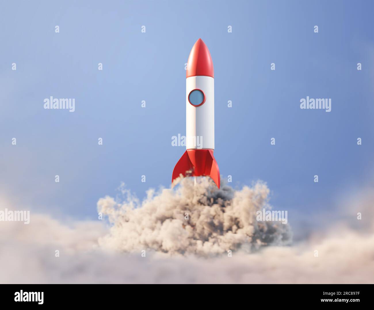 Rocket with smoke flying in blue sky Stock Photo - Alamy