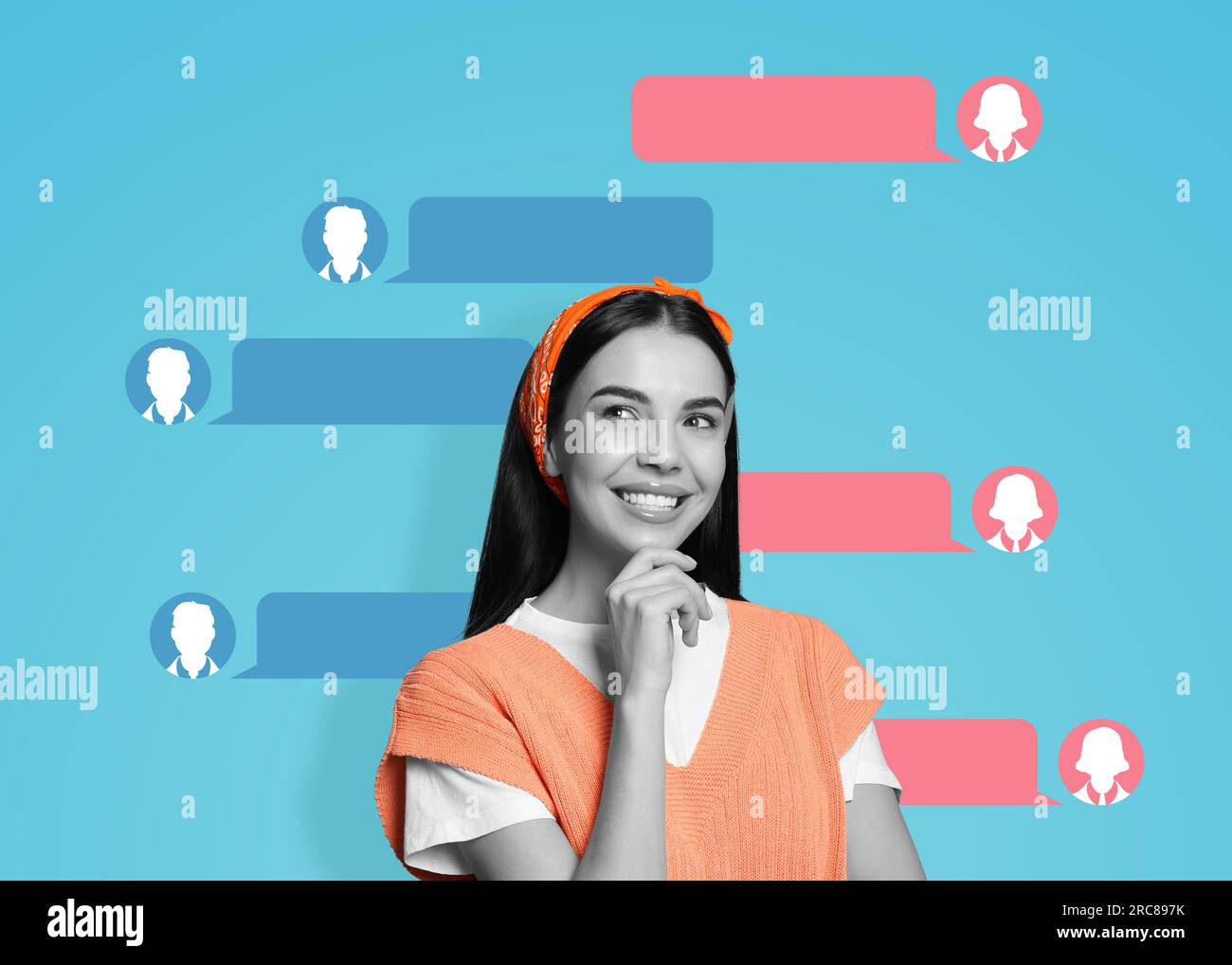 Communication, dialogue. Young woman on light blue background. Avatars ...