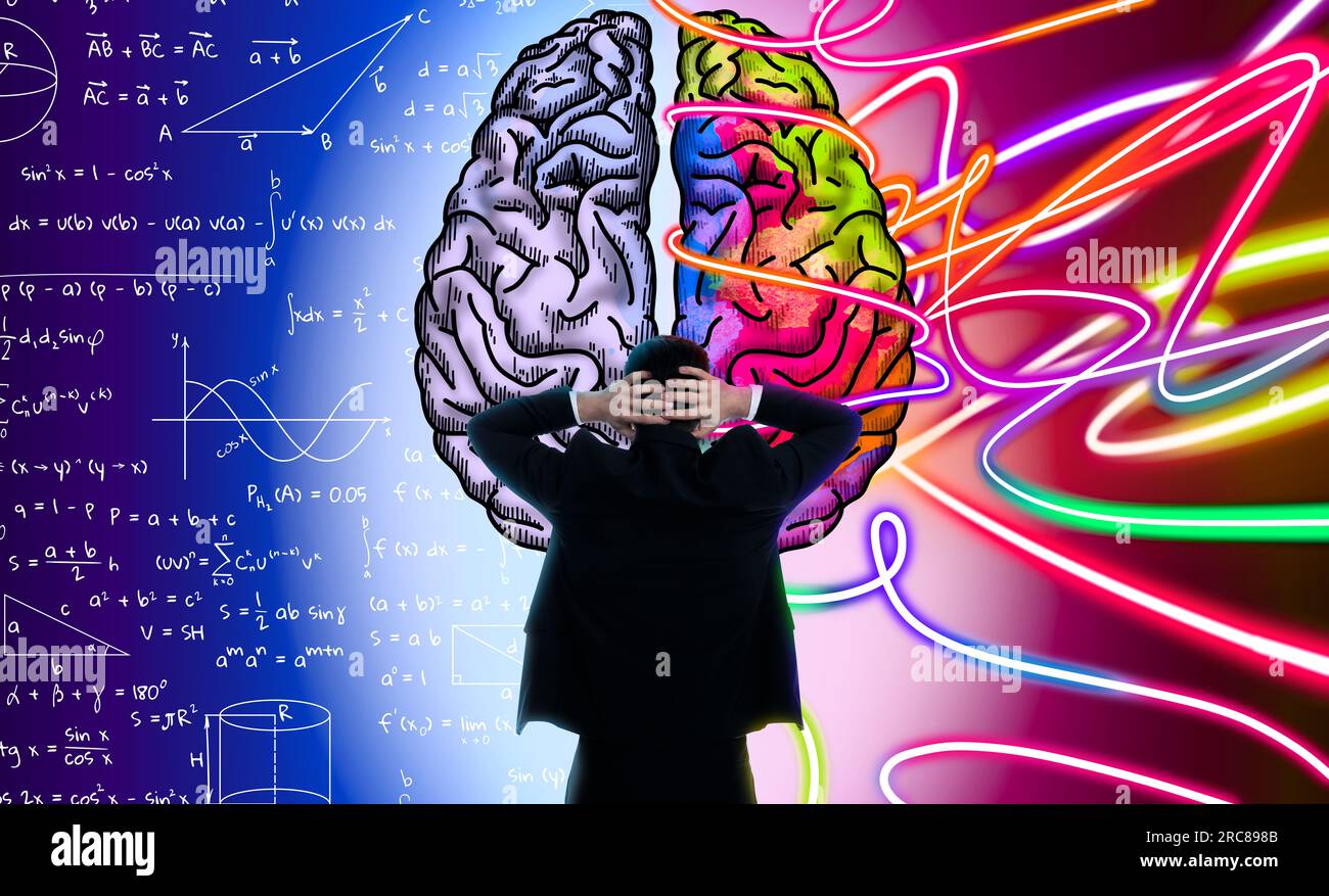 Logic and creativity. Man and illustration of brain hemispheres ...