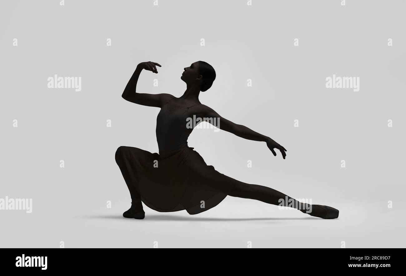 Beautiful Ballerina Dancing On Light Background Dark Silhouette Of