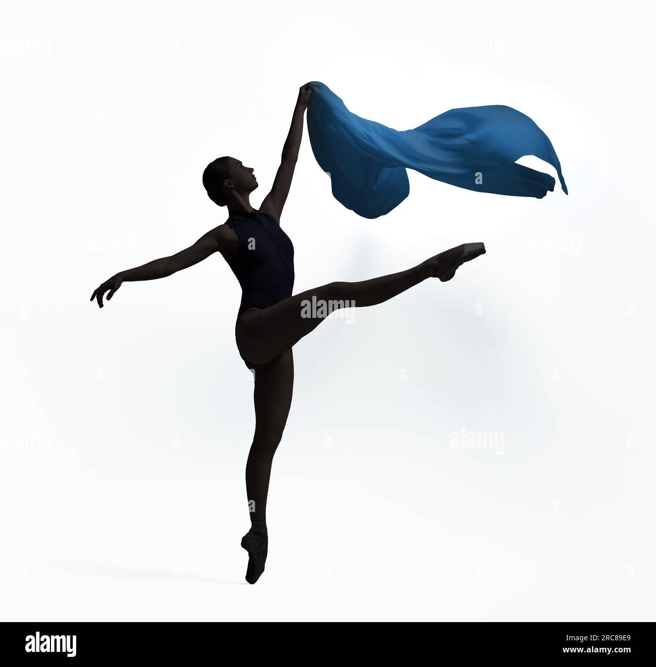 Beautiful ballerina with blue veil dancing on white background. Dark ...