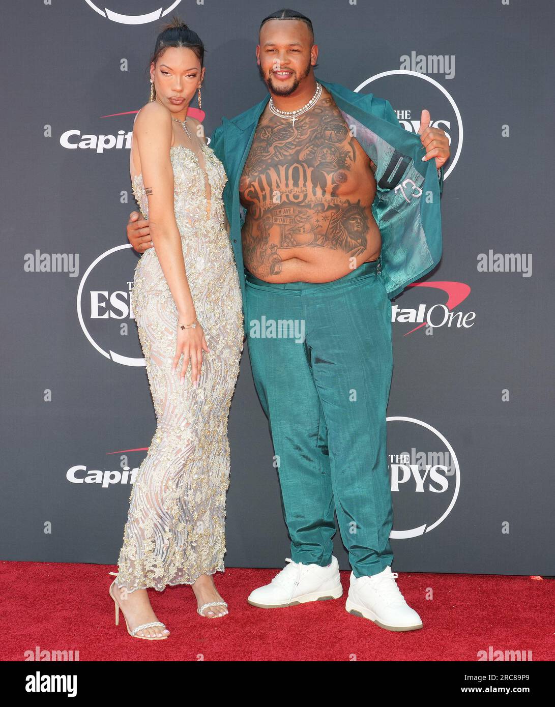 (L-R) Daiyaana Muhammad and Dion Dawkins at The 2023 ESPY Awards held ...