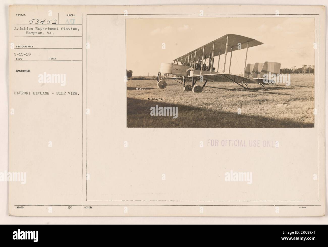 A side view of a Caproni Biplane taken at the Aviation Experiment ...