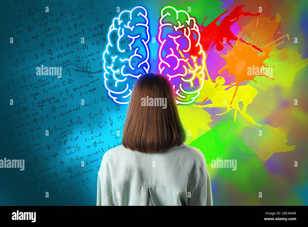 Logic and creativity. Woman and illustration of brain hemispheres ...