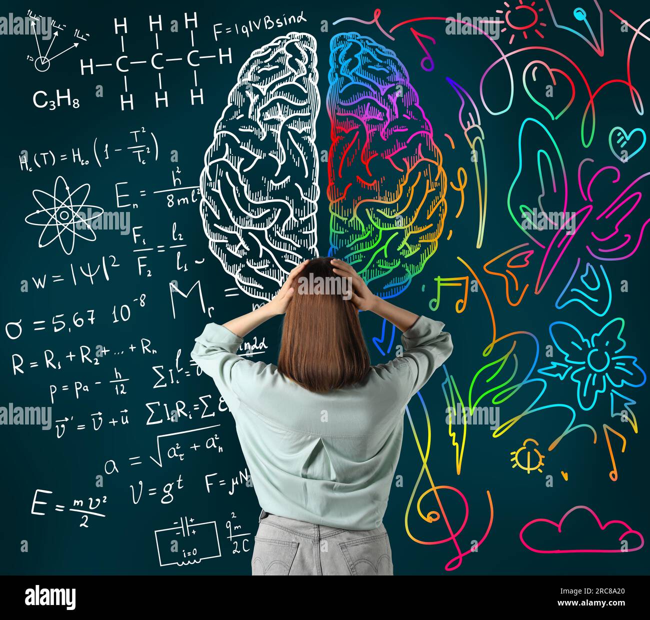 Logic and creativity. Woman and illustration of brain hemispheres ...