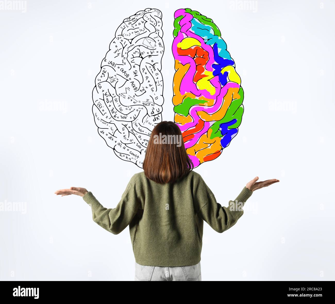 Logic and creativity. Woman and illustration of brain on white ...