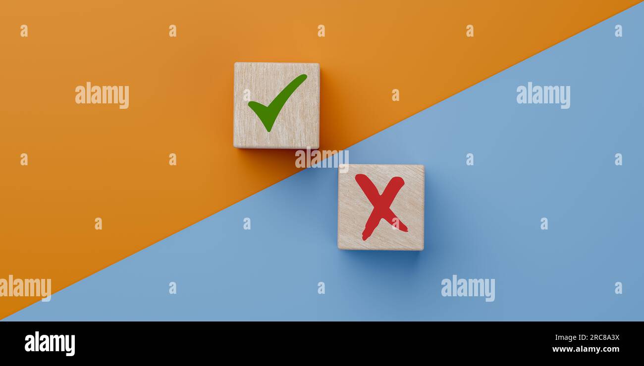 Green tick and red cross. Tick mark and cross mark x on wooden cubes ...
