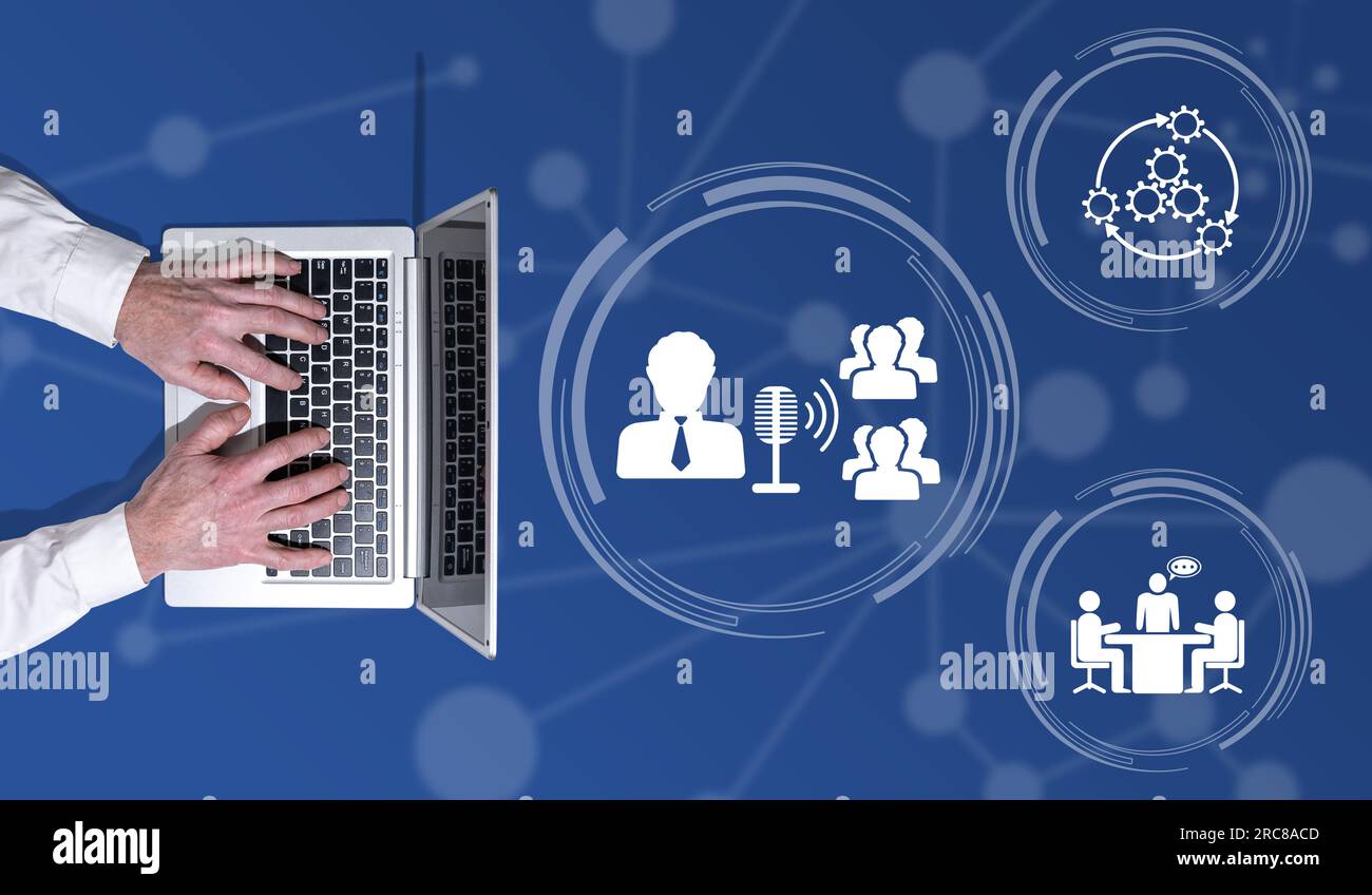 Top view of hands using laptop with symbol of coaching concept Stock ...