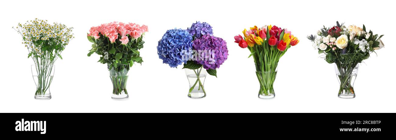 Collage of stylish vase with different bouquets on white background ...