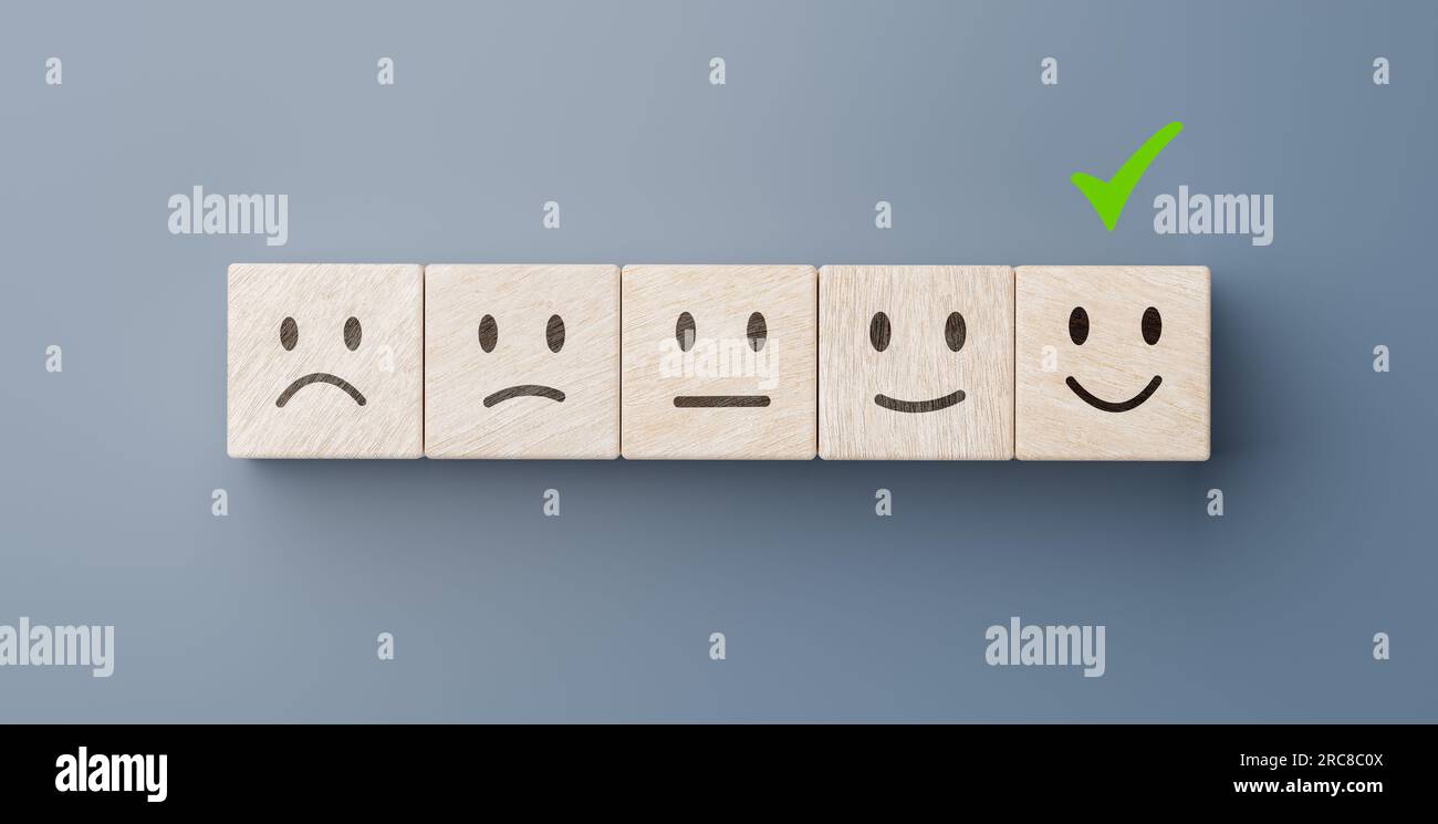Customer evaluation indicator rating on wooden cube block since low to ...