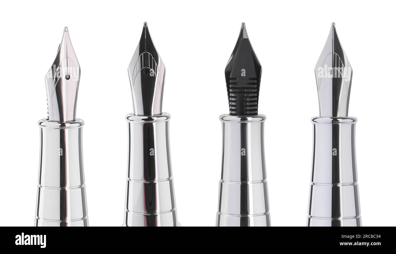 Collage with fountain pen on white background, different sides Stock ...