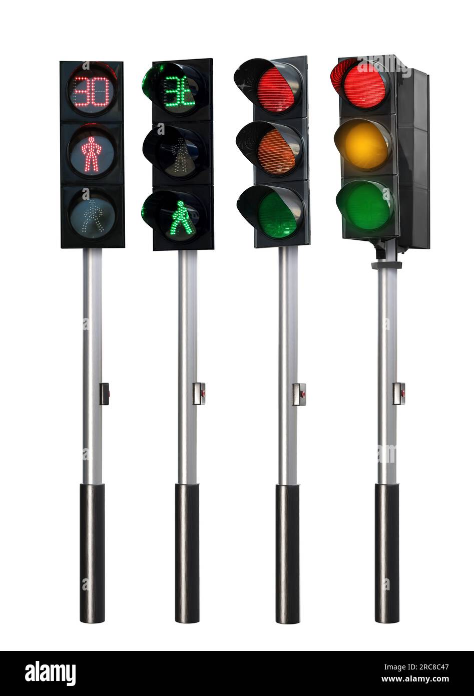 Different traffic lights with poles on white background, collage design ...