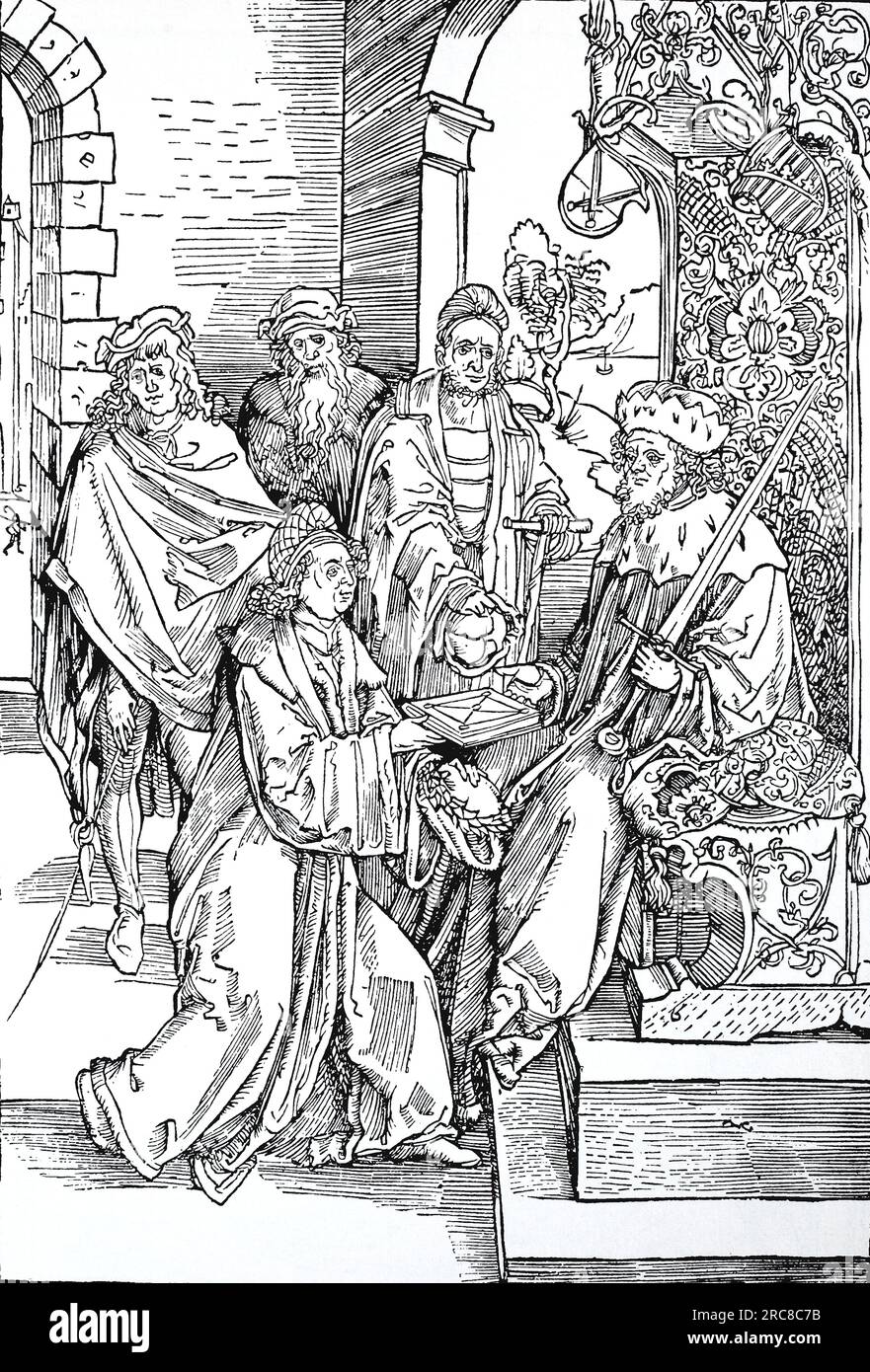 Illustration to Opera Hrosvitae, Conrad Celtes handing his edition of ...