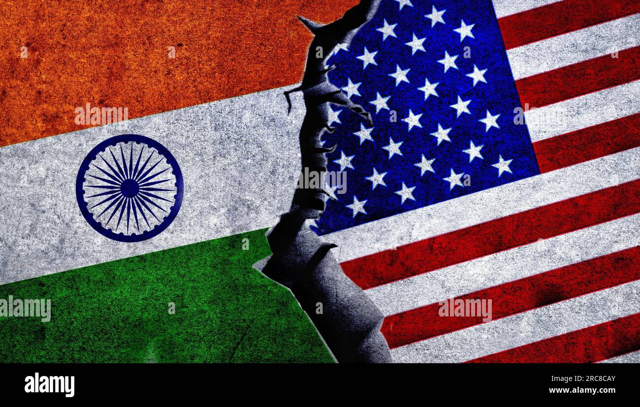 USA and India flag together on a cracked wall. Diplomatic relations ...