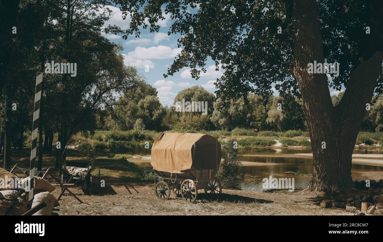 Russian Soviet World War Ii Peasant Cart On River Bank. Wwii Equipment ...