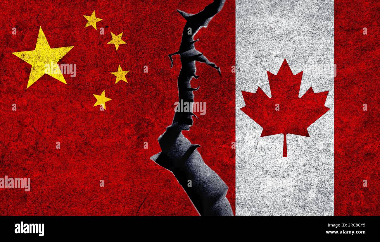 China and Canada painted flags on a wall with a crack. China and Canada ...