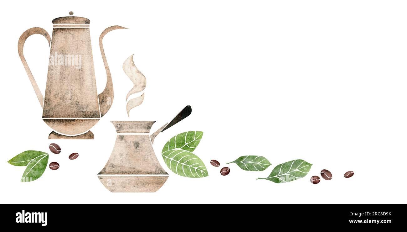 Watercolor hand drawn composition with coffee copper pot, cezve, jute ...