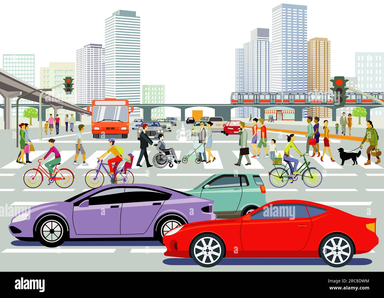 City silhouette of a city with traffic and pedestrians hi-res stock ...