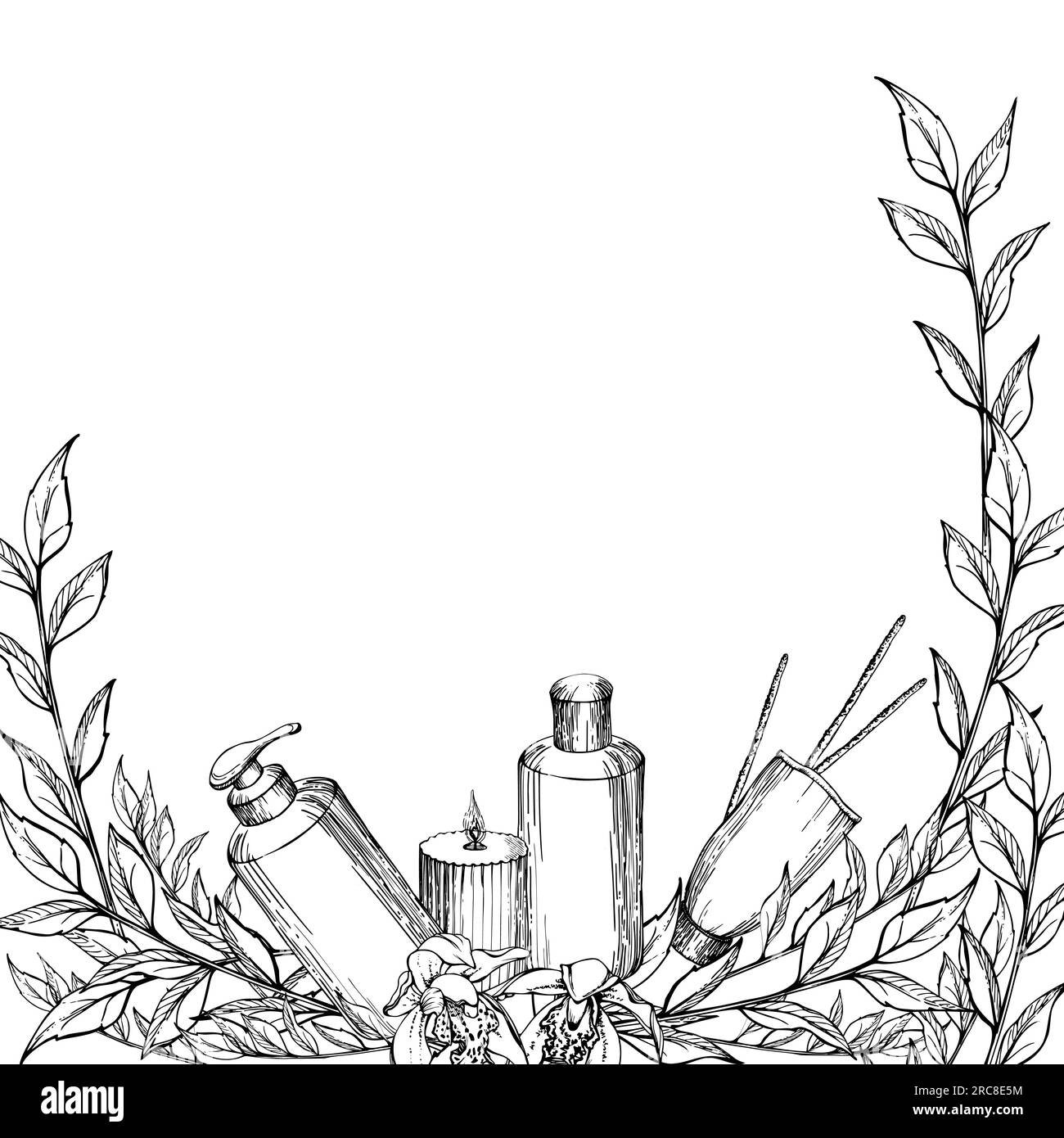 Hand drawn vector ink spa skincare bath beauty products package with ...