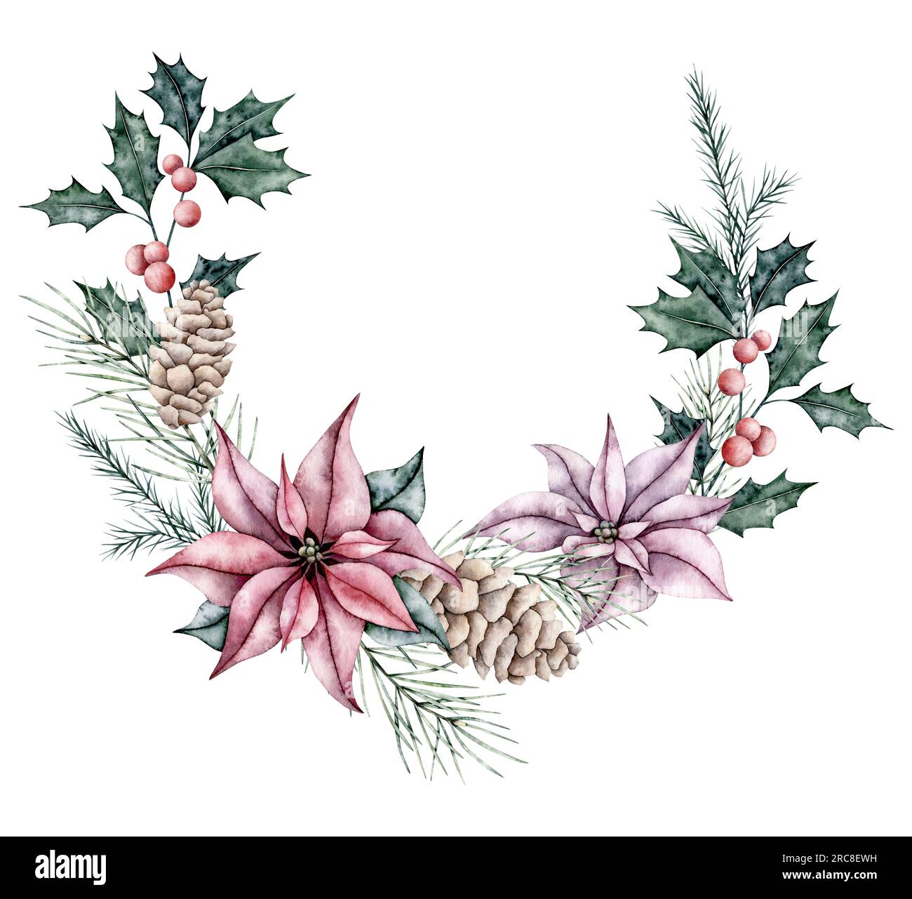 Christmas wreath of poinsettia, ilex branches with red berries and ...