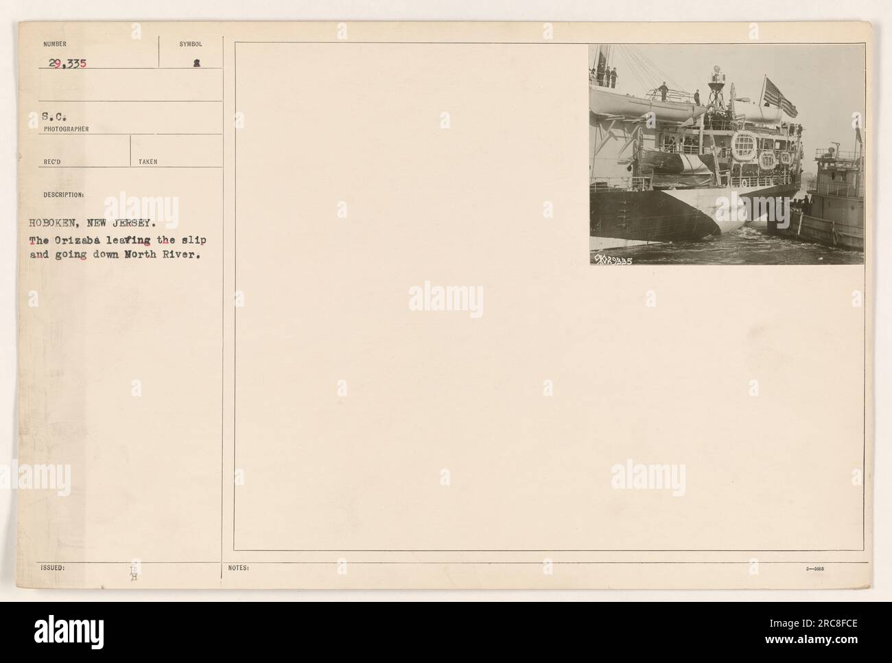 The image shows the USS Orizaba departing from Hoboken, New Jersey ...