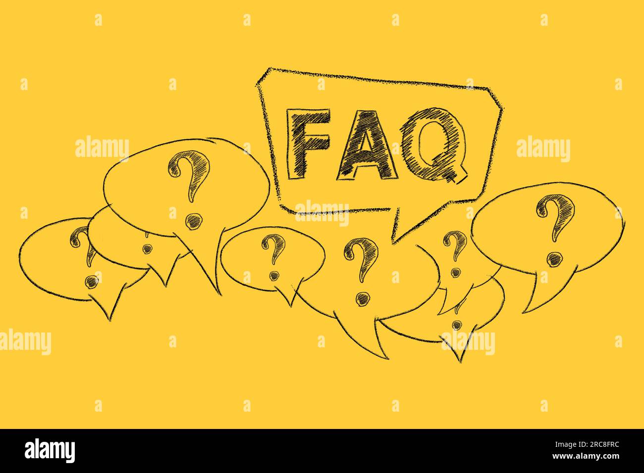 Hand drawn text FAQ, question marks with speech bubbles on yellow background. Frequently Asked ...