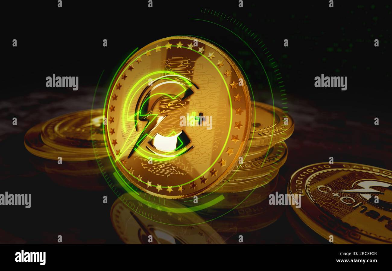 C Charge CCHG EV crypto EV fuel CCharge gold coin on green screen ...