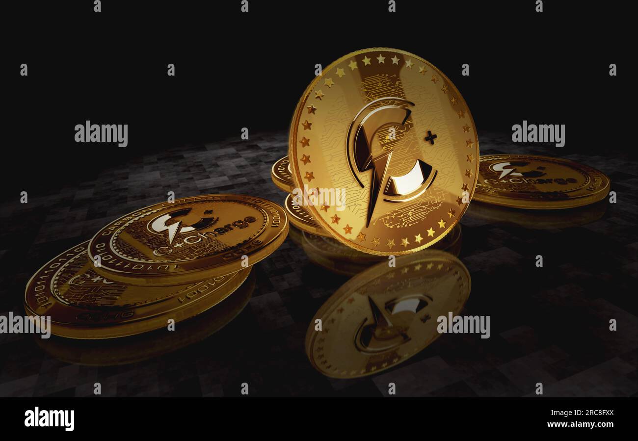 C Charge CCHG EV crypto EV fuel CCharge gold coin on green screen ...