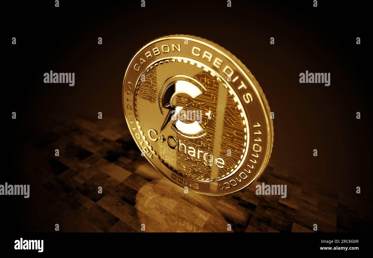 C Charge CCHG EV crypto EV fuel CCharge gold coin on green screen ...
