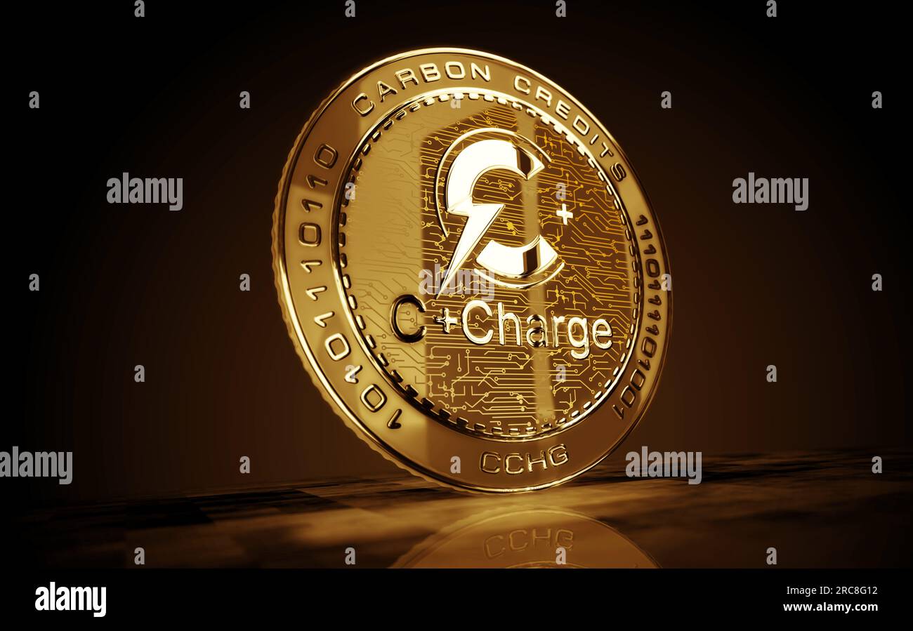 C Charge CCHG EV crypto EV fuel CCharge gold coin on green screen ...