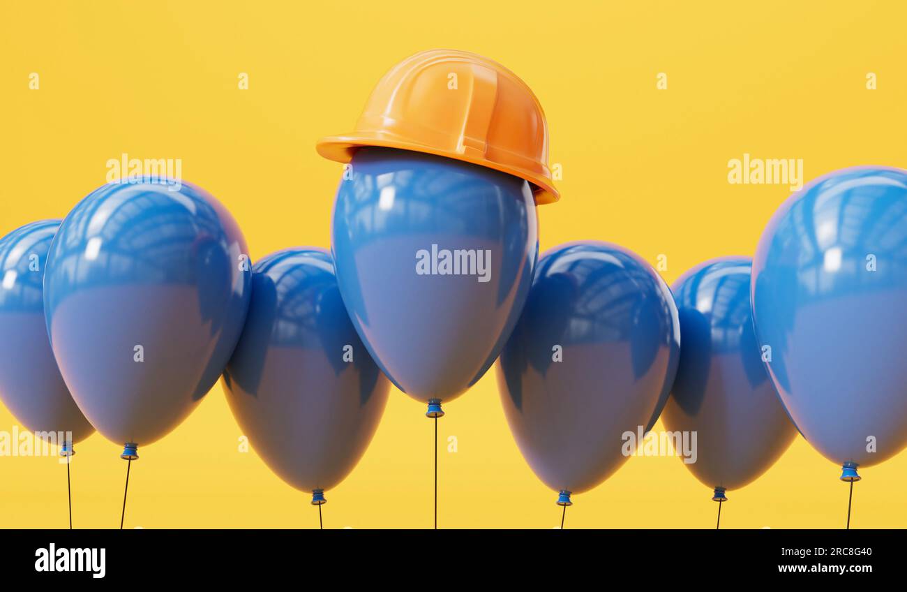 Celebration party balloon wearing a yellow construction hard hat. labor ...