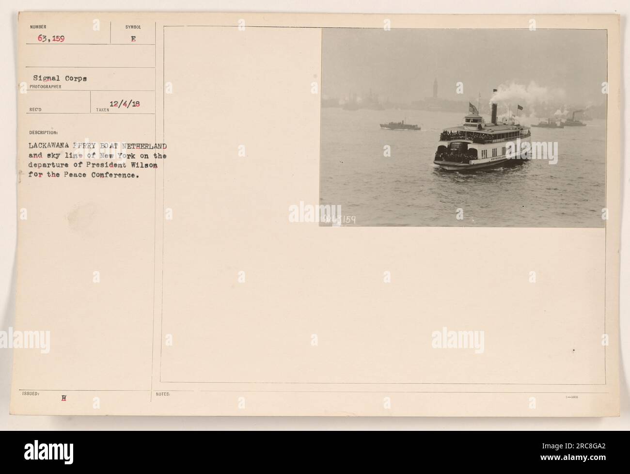 Lackawanna ferry boat Netherland and the skyline of New York are seen ...