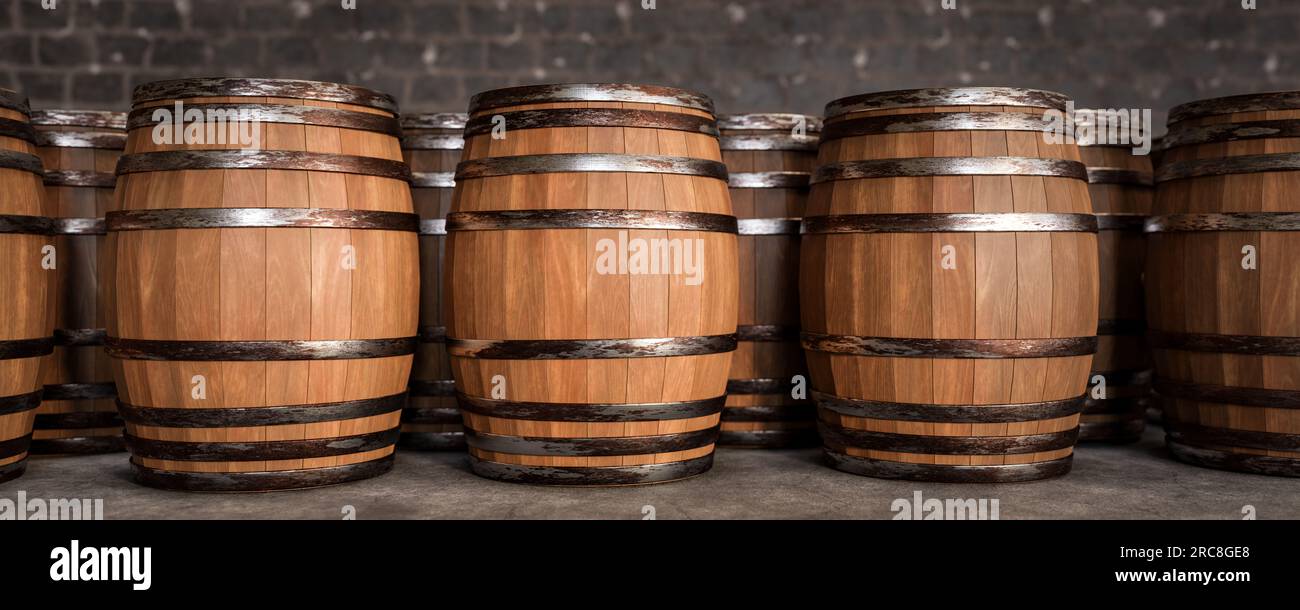 Wooden barrels in cellar. advertising of brewery, winery, tasting of ...