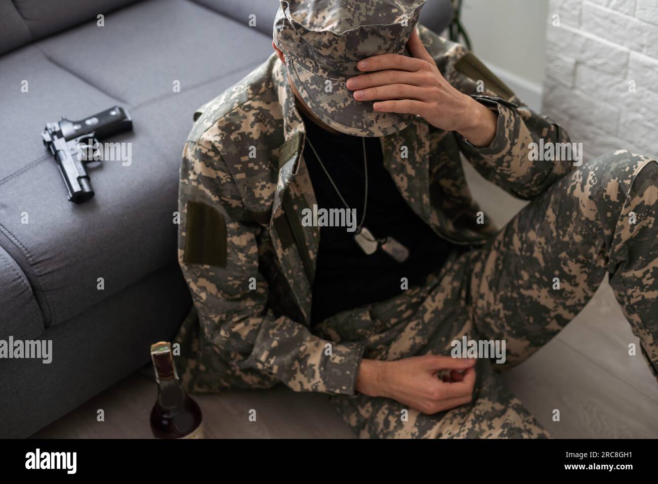 Portrait of middle aged sad, desperate military man. Disabled soldier ...