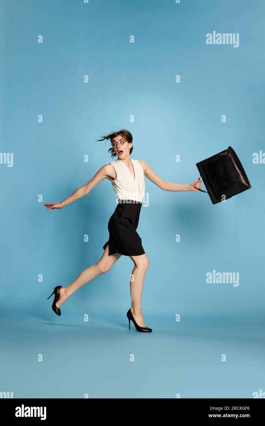Deadlines. Business Woman, office worker, running with briefcase from ...