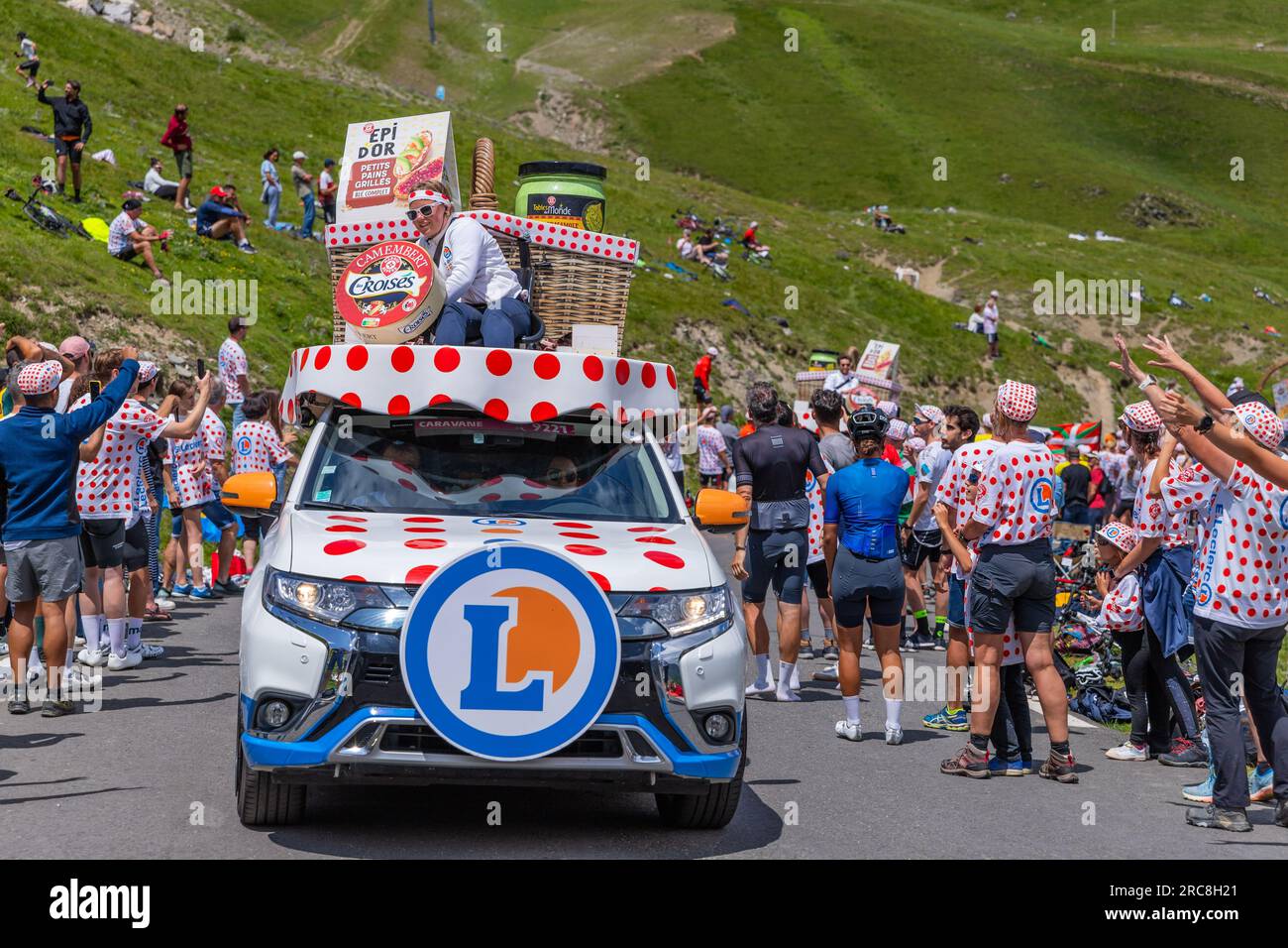 Col du Tourmalet, France - July 06 2023: Caravan car at the top of the ...