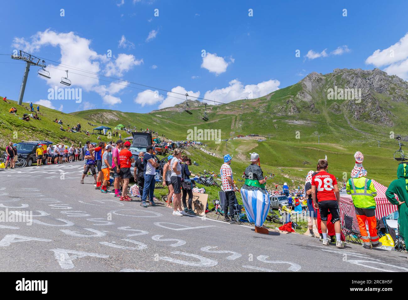 Col du Tourmalet, France - July 06 2023: Cycling fans waiting for the ...