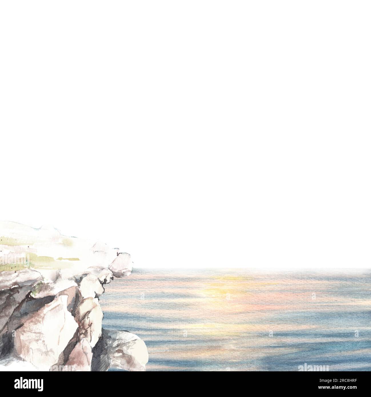 Watercolor hand-drawn nautical illustration Sea, waves with reflection ...