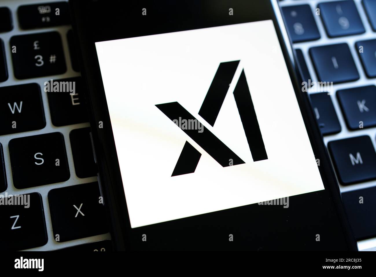 xAI company logo seen on the screen. Elon Musk created artificial ...