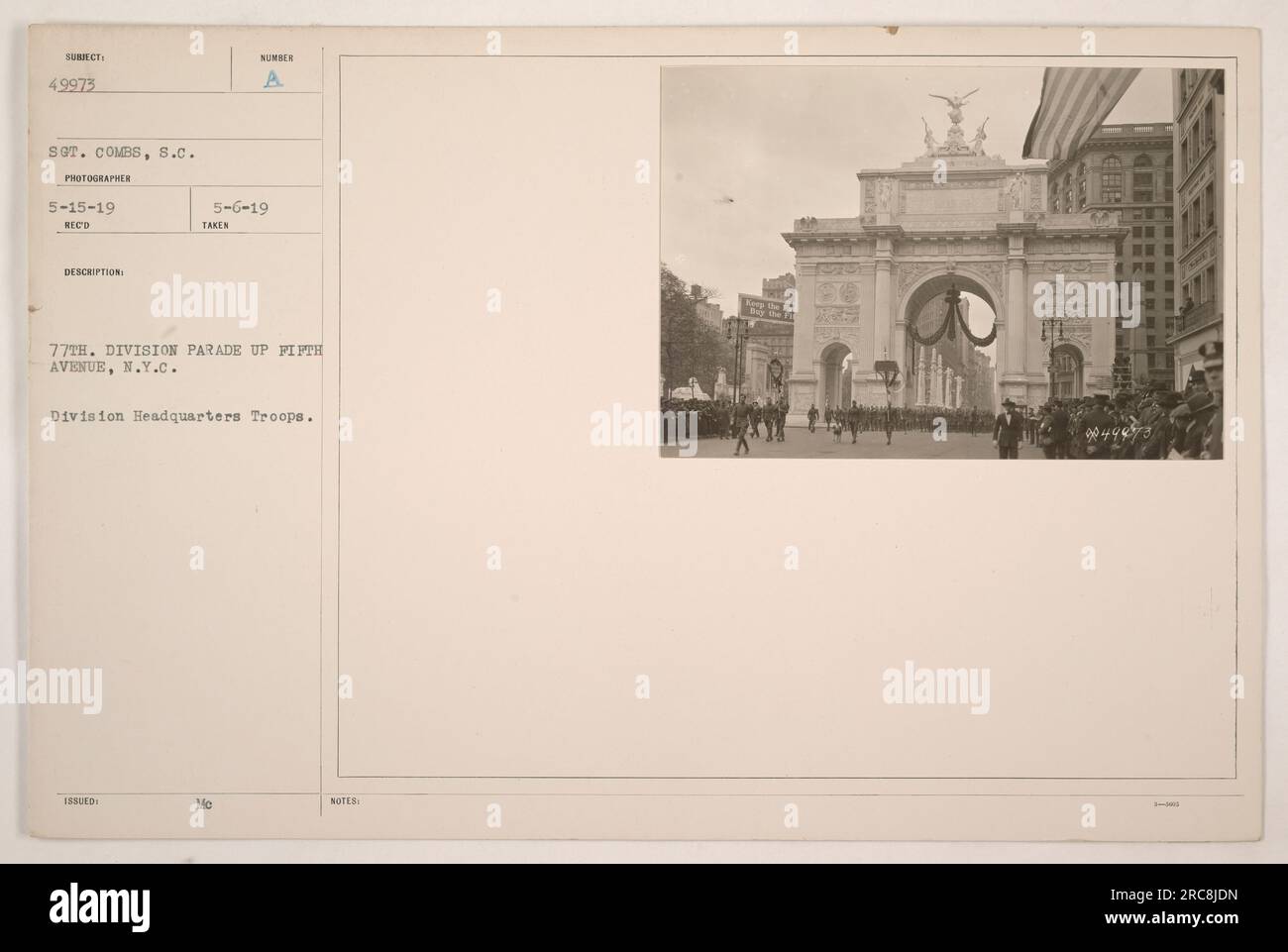 Soldiers of the 77th Division parade up 5th Avenue in New York City ...