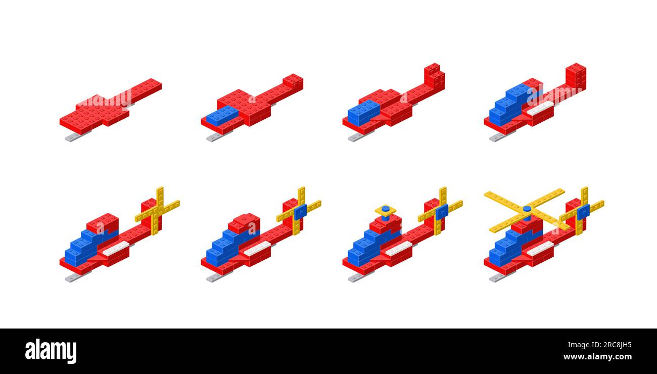 Set of helicopters assembled from plastic blocks in isometric style ...