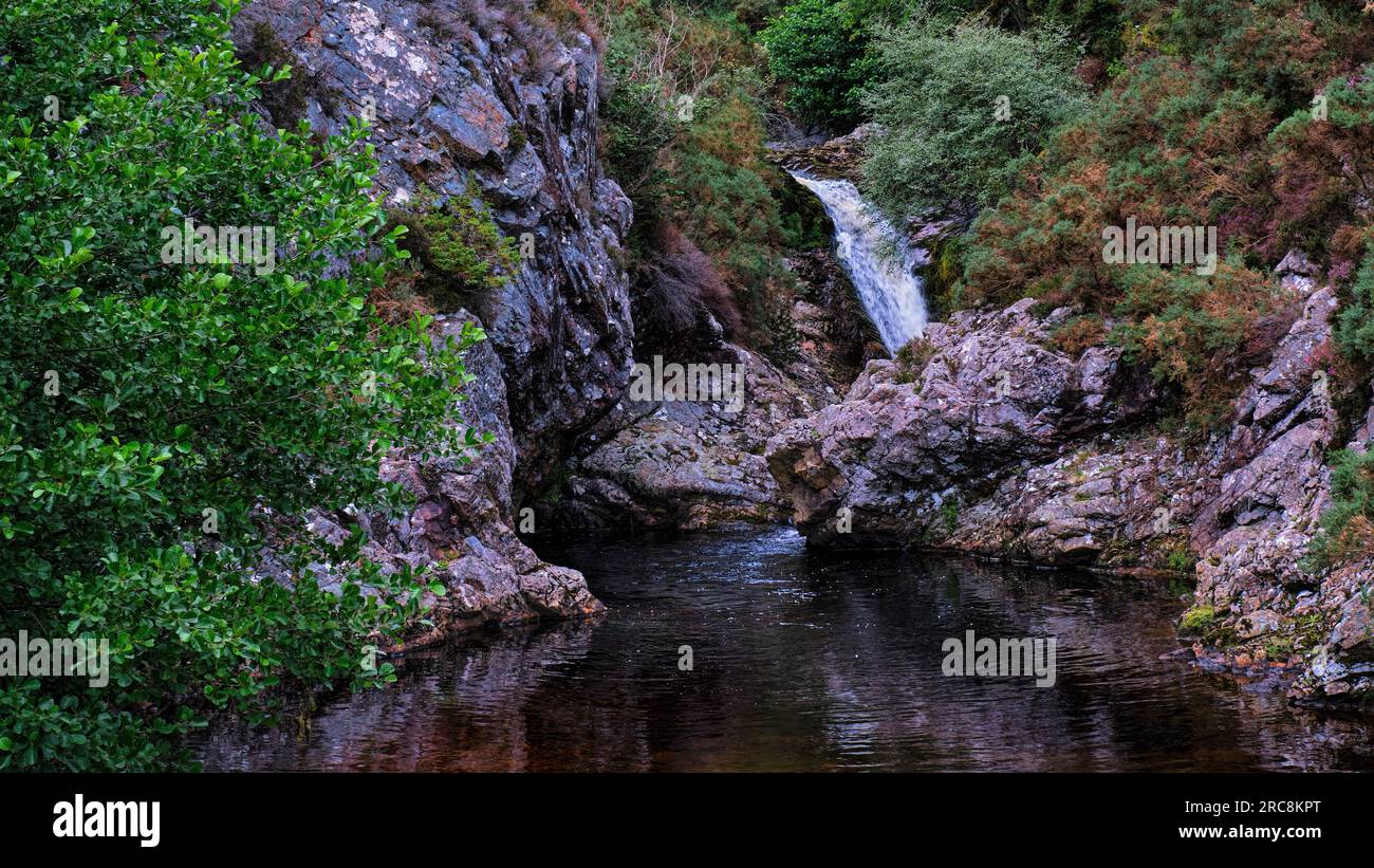 The waterfall on the Kildonan Burn in the Strath of Kildonan Stock ...
