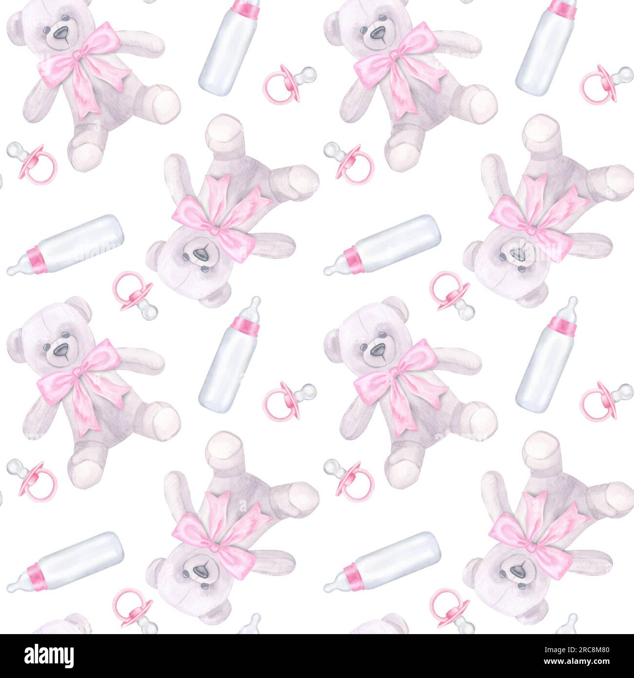 Seamless pattern baby girl pink pacifier dummy, milk bottle, Teddy bear ...