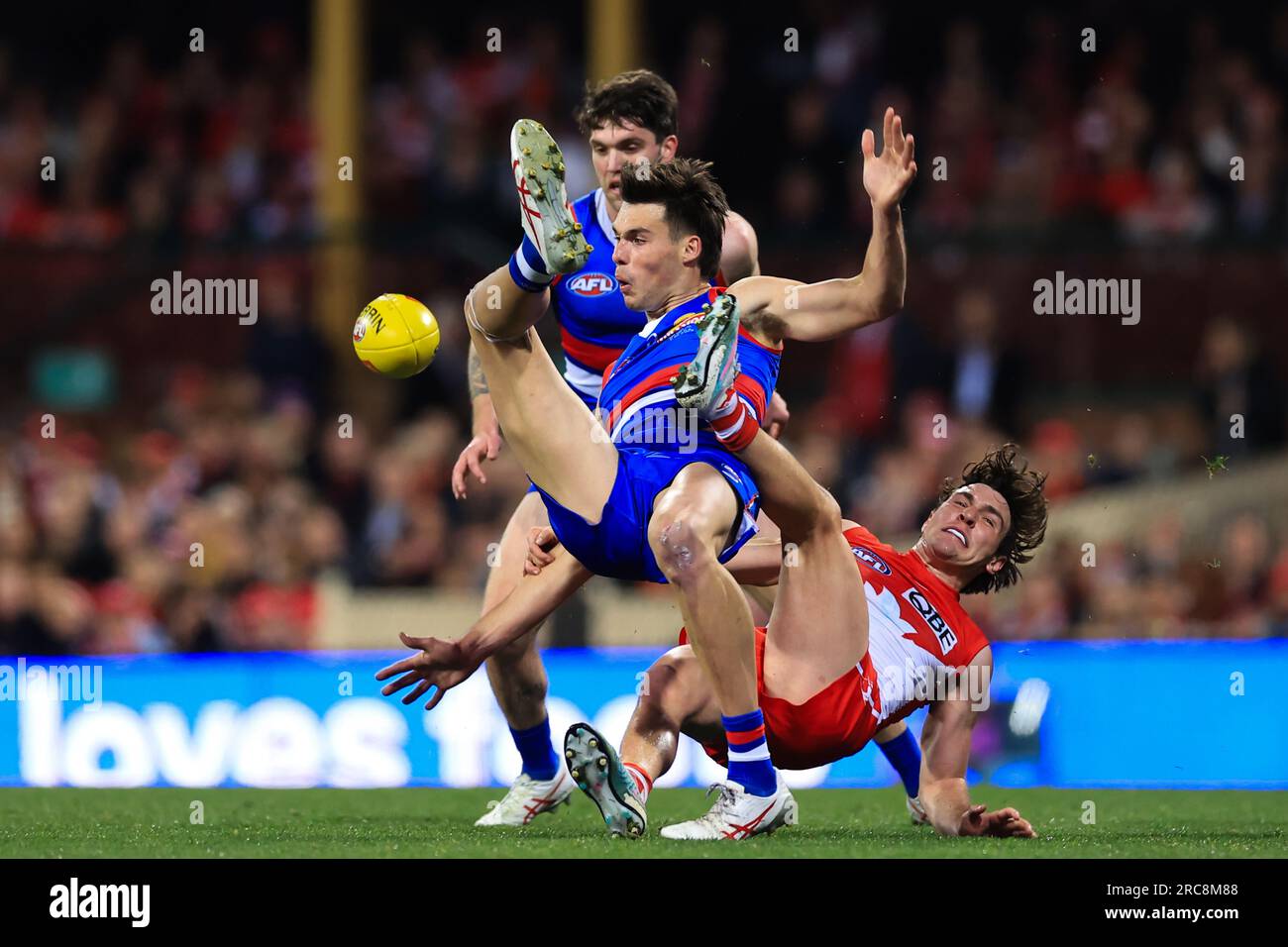 Sydney, Australia. 13th July, 2023. Sam Darcy of the Bulldogs attempts ...